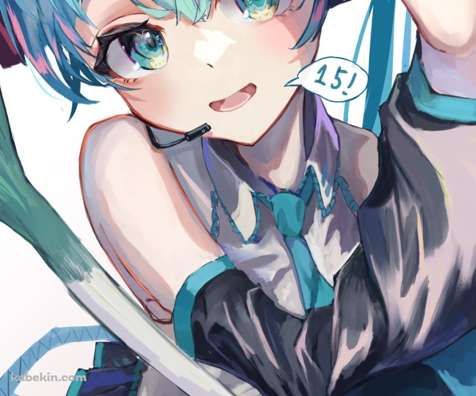 片手をかざしてネギを持つ初音ミク / ボカロ / ボーカロイドのAndroid用のスマホ壁紙(960 x 800)| 壁紙キングダム
