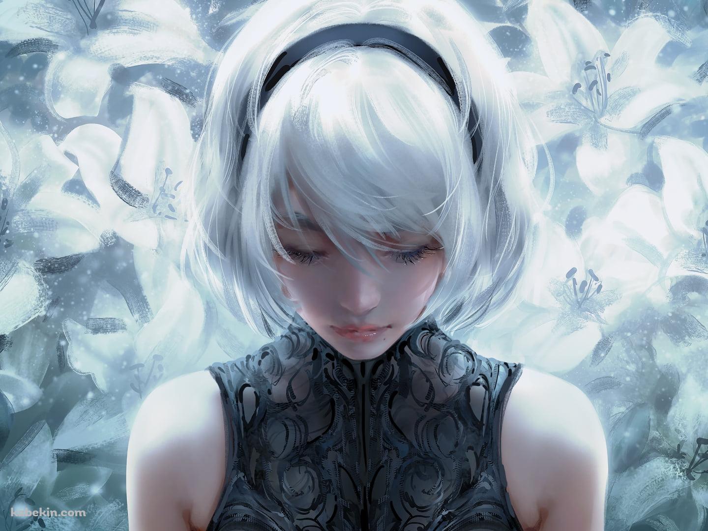 白い花と俯くヨルハ二号b型 / 2b / ニーアオートマタ / nier: automata(1440x1080px)のデスクトップPC用の ...