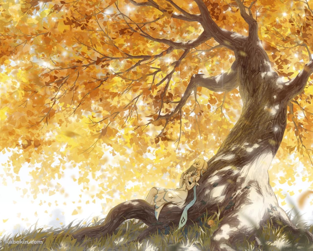 大木の幹に寝そべる蛍 / 紅葉 / 原神(1280x1024px)のデスクトップPC用の壁紙 | 高画質 | 壁紙キングダム