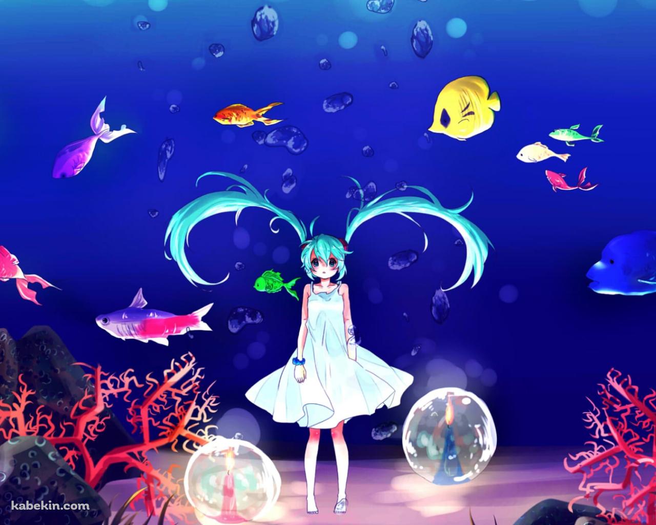 海底に立つ初音ミク / 熱帯魚 / 珊瑚 / ボカロ(1280x1024px)のデスクトップPC用の壁紙 | 高画質 | 壁紙キングダム